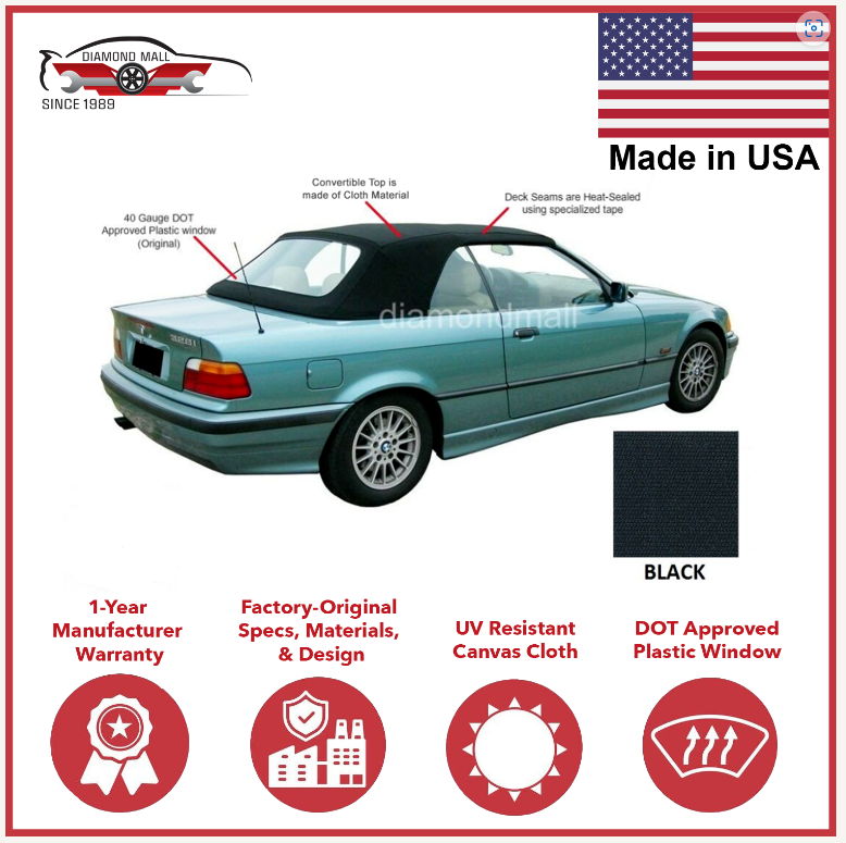 Fits BMW E36 3-Series Convertible Soft Top 1994-1999 Black GERMAN ...