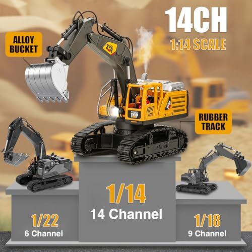 1:14 Large Remote Control Excavator for Boys 4-7, 14 Channels Rc Yellow ...