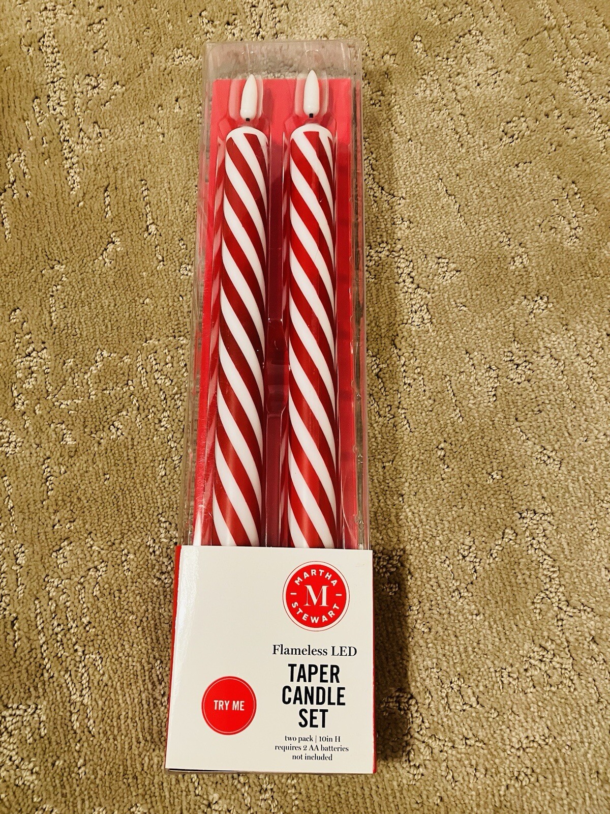 Martha Stewart Flameless LED Peppermint Taper Candles 10" Set of 2 AA ...