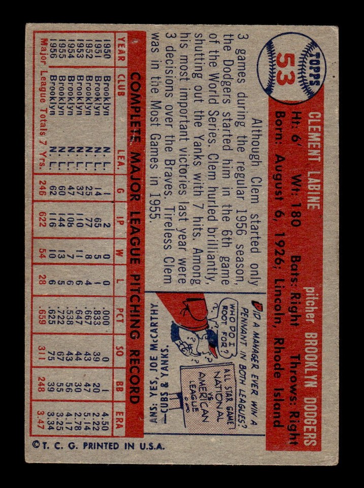 1957 Topps Baseball #53 Clem Labine VG CREASE Brooklyn Dodgers | eBay