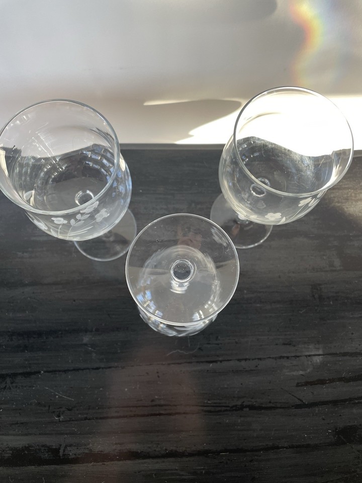 Vintage Romania Etched Glass Wine Goblets Floral Pattern Set Of 3 | eBay