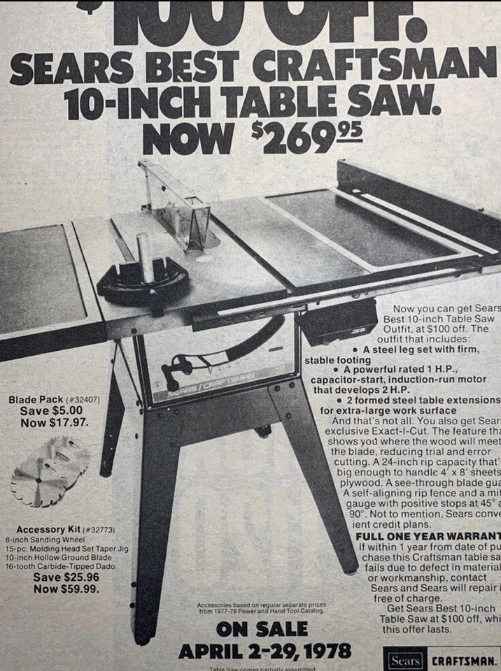 1978 Craftsman Table Saw Vintage Print Ad Sears Best | eBay