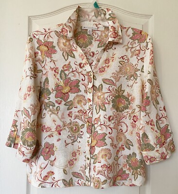 JM Collection Women's 100% Linen Button Front 3/4 Sleeve 16P Floral Top ...