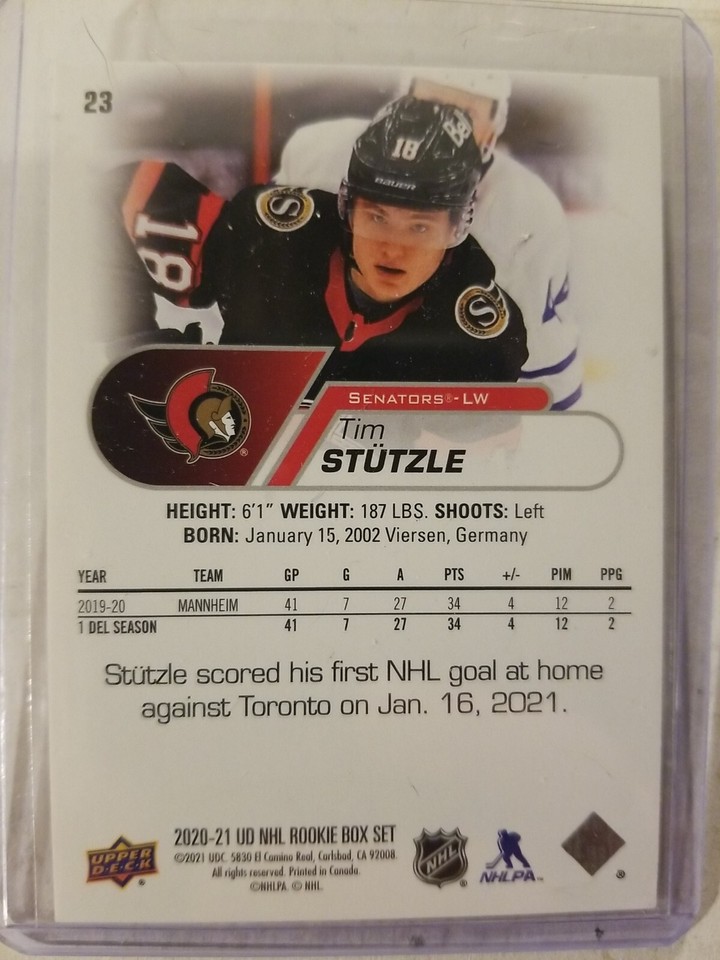 2020 Tim Stutzle Rookies Card Upper Deck NHL #23 Ottawa Senators Hockey ...