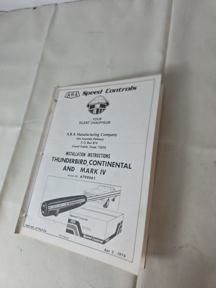 ARA Speed Controls Installation Instructions Thunderbird Continental ...