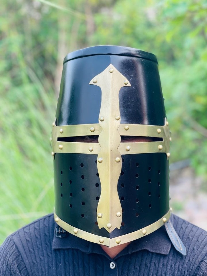 Medieval Crusader Knight Helmet Black Steel And Brass Armor LARP ...