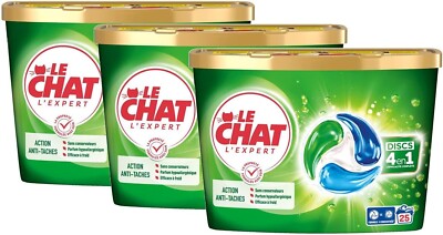Lot LE CHAT "DISC 4en1 + Anti-tache" 3 pack de 25 = 75 Capsule Pack ...