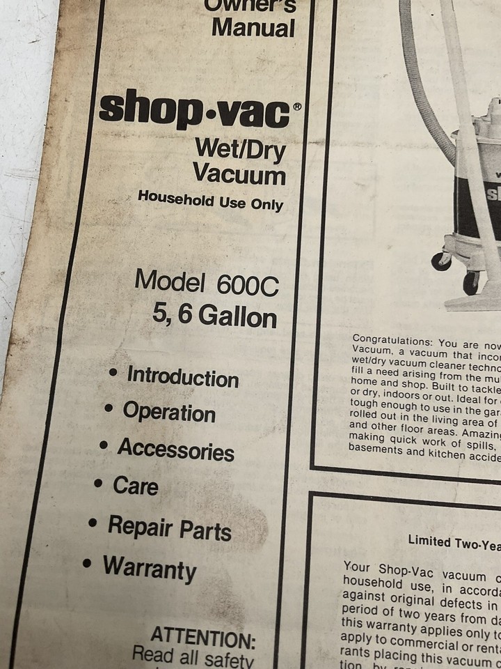 Shop-Vac 600C Series Wet/Dry Vac Owner's Manual | eBay