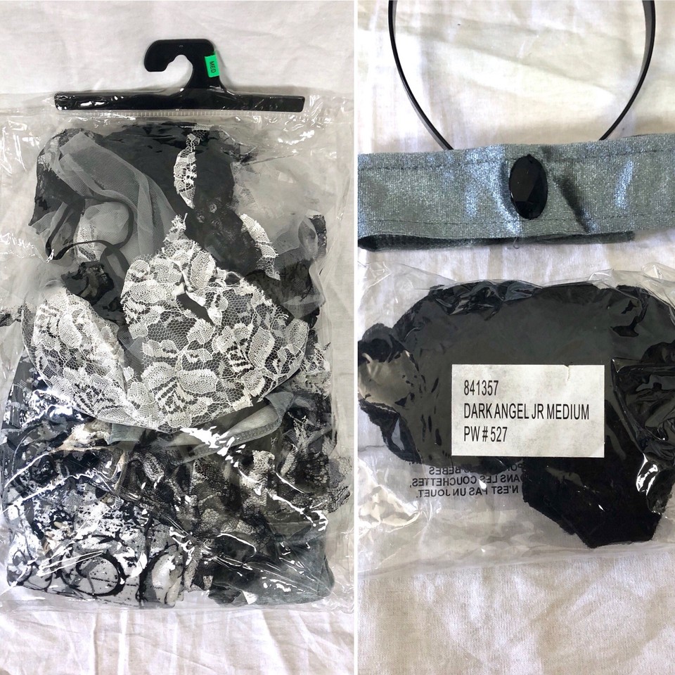 7 PC Dark FALLEN ANGEL COSTUME Set Gothic Lace WINGS Halo Dress GLOVES ...