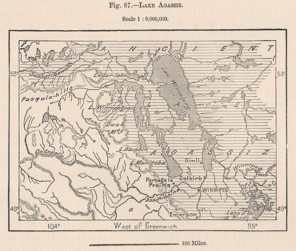 Lake Agassiz. Ancient Glacial Lake. Canada 1885 old antique map plan ...