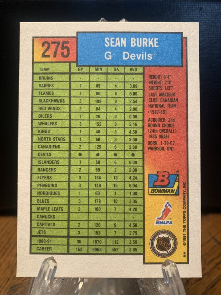 1991-92 BOWMAN SEAN BURKE #275 NEW JERSEY DEVILS | eBay