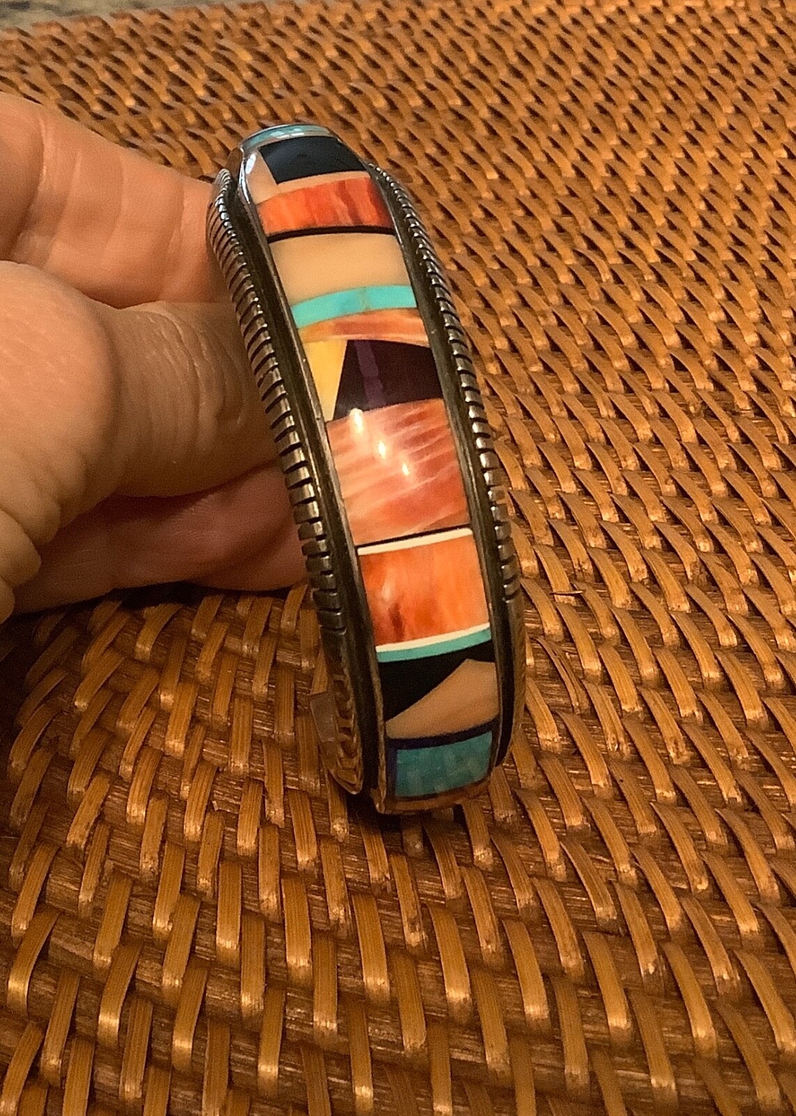 NATIVE AMERICAN NAVAJO FRANK YELLOWHORSE INLAY CUFF BRACELET STERLING ...