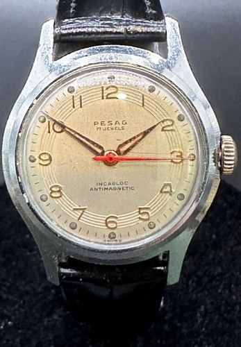 Vintage 1950’s Men’s Pesag Red Sweep Seconds Hand 17 Jewels Manual Wind ...