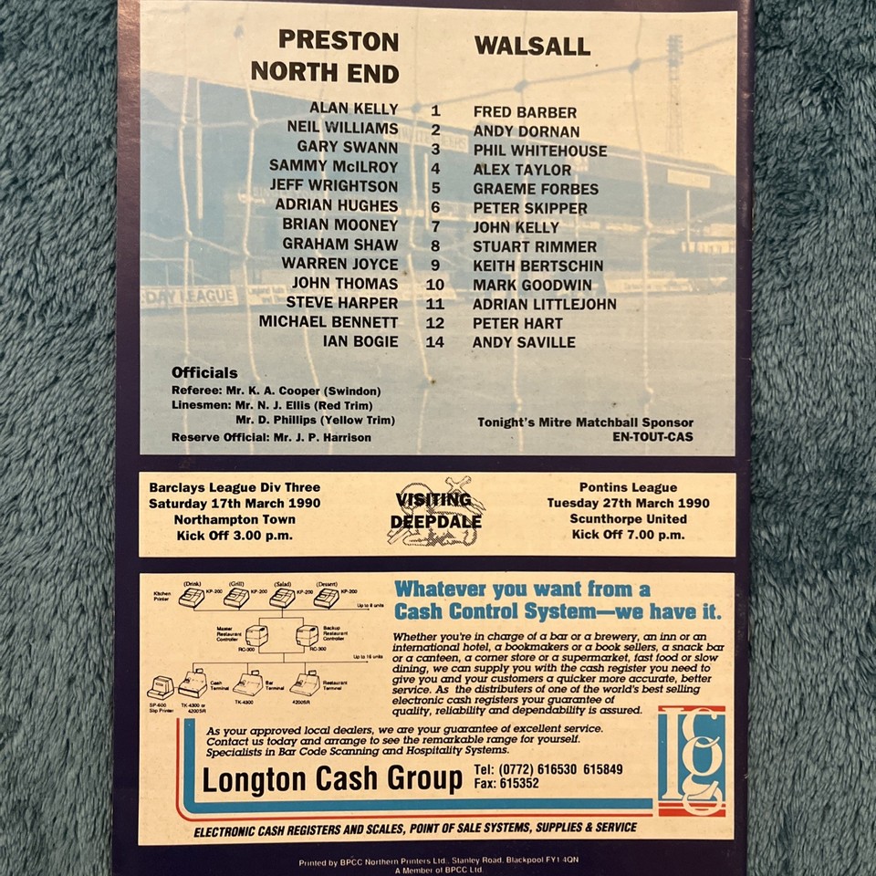 Preston North End Fc V Walsall Season 89-90 6th March 1990 Football ...