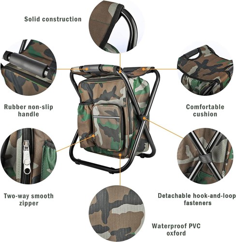 Folding Camping Stool Backpack Chair Cooler Bag Hunting Fishing Hiking ...