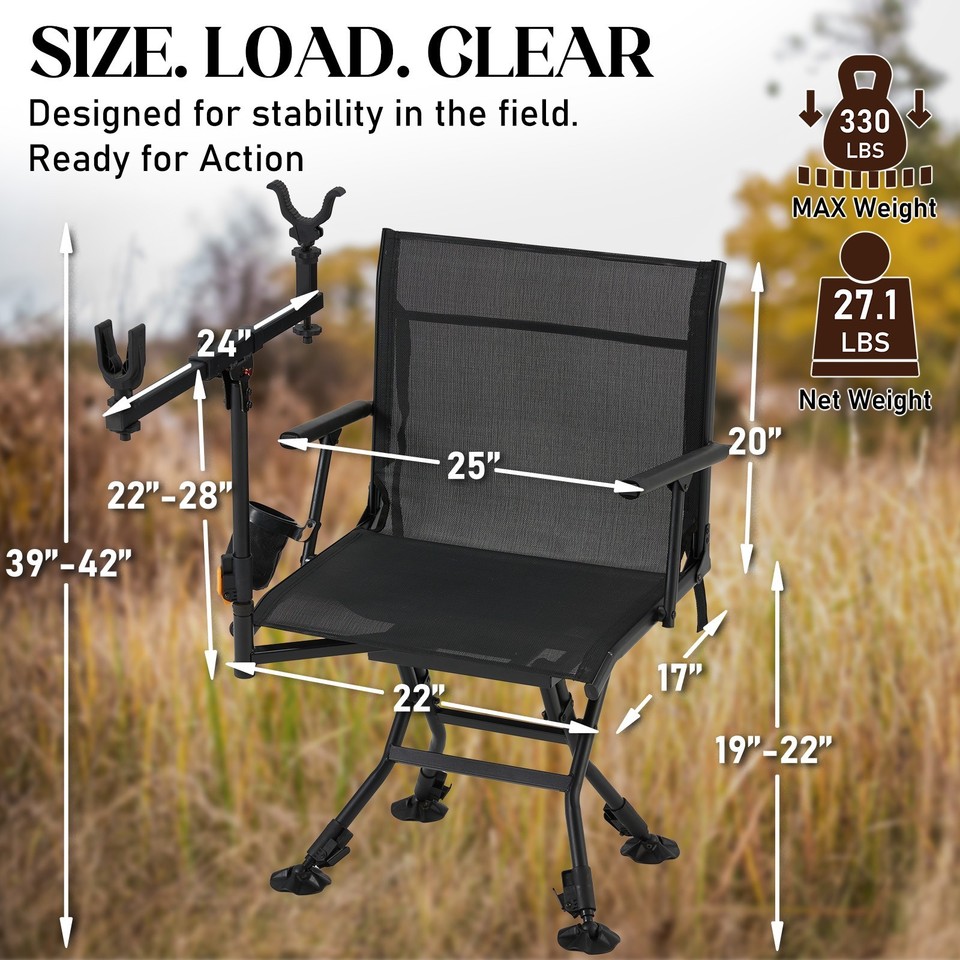 Danrelax 360° Swivel Hunting Chair w/ Gun Rest, Adjustable Rail, Mesh ...