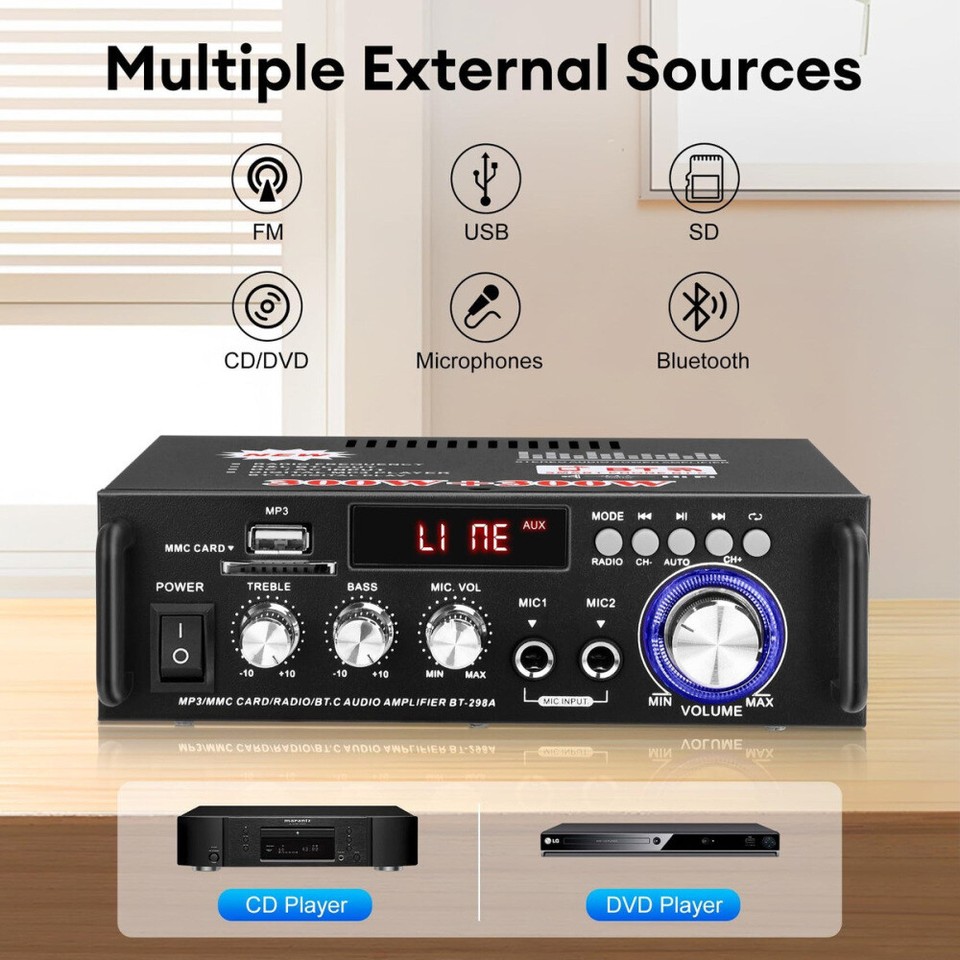 600W mini Bluetooth amplifier HiFi power audio stereo bass amp USB FM ...