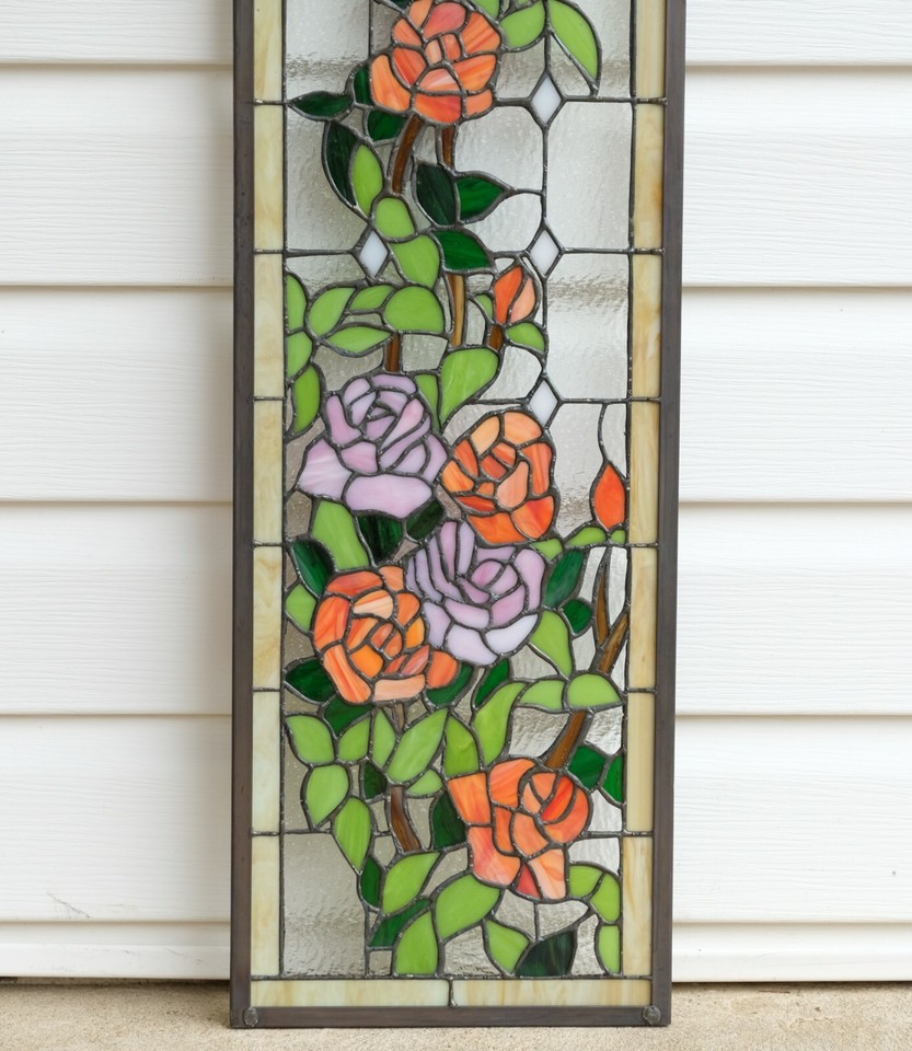 10" x 35.5" Handcrafted stained glass window panel Rose Flower | eBay