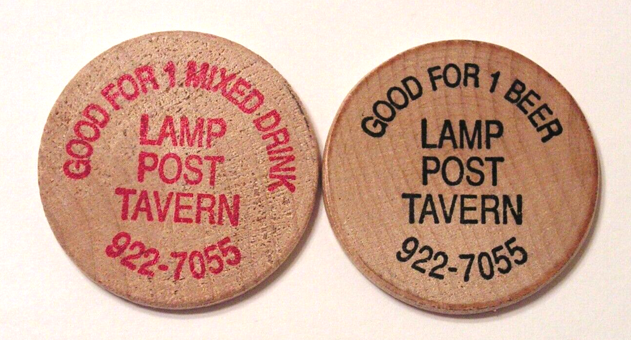 Lot of 2 Wooden Nickels Lamp Post Tavern Beer Coin Drink Token Spokane ...