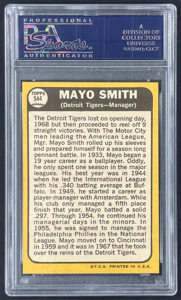 GEM MINT 1968 TOPPS #544 MAYO SMITH PSA 10 DETROIT TIGERS 1968 WORLD ...