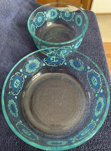 Pyrex Glass Bowls #7201 & 7203 Blue Teal Pinwheel Cook Serve Store Set ...