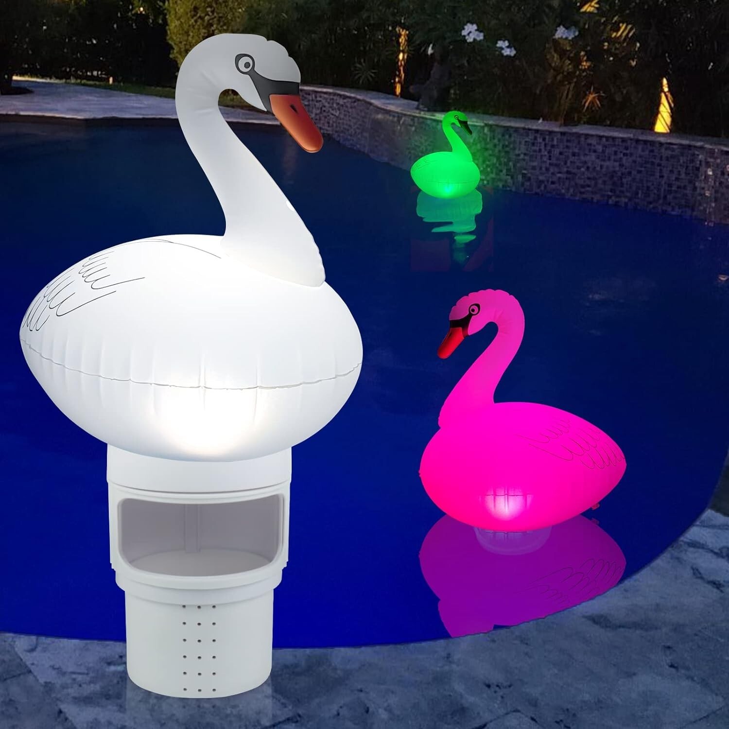 Pool Chlorine Floater,Floating Dispenser with Solar Swan Light,Pool ...