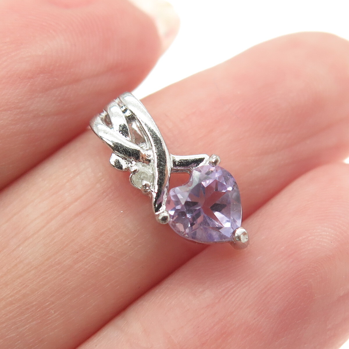 925 Sterling Silver Real White Diamond & Amethyst Gemstone Heart ...