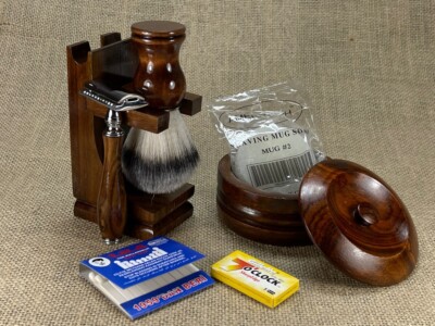 MISSION STYLE CLASSIC WOOD STAND FOR RAZOR AND BRUSH WITH SHAVING CUP ...