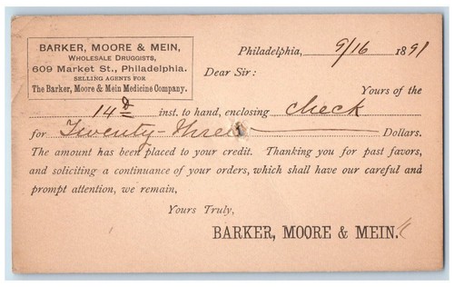 1891 Enclosing Check Barker Moore Mein Philadelphia Pennsylvania PA ...