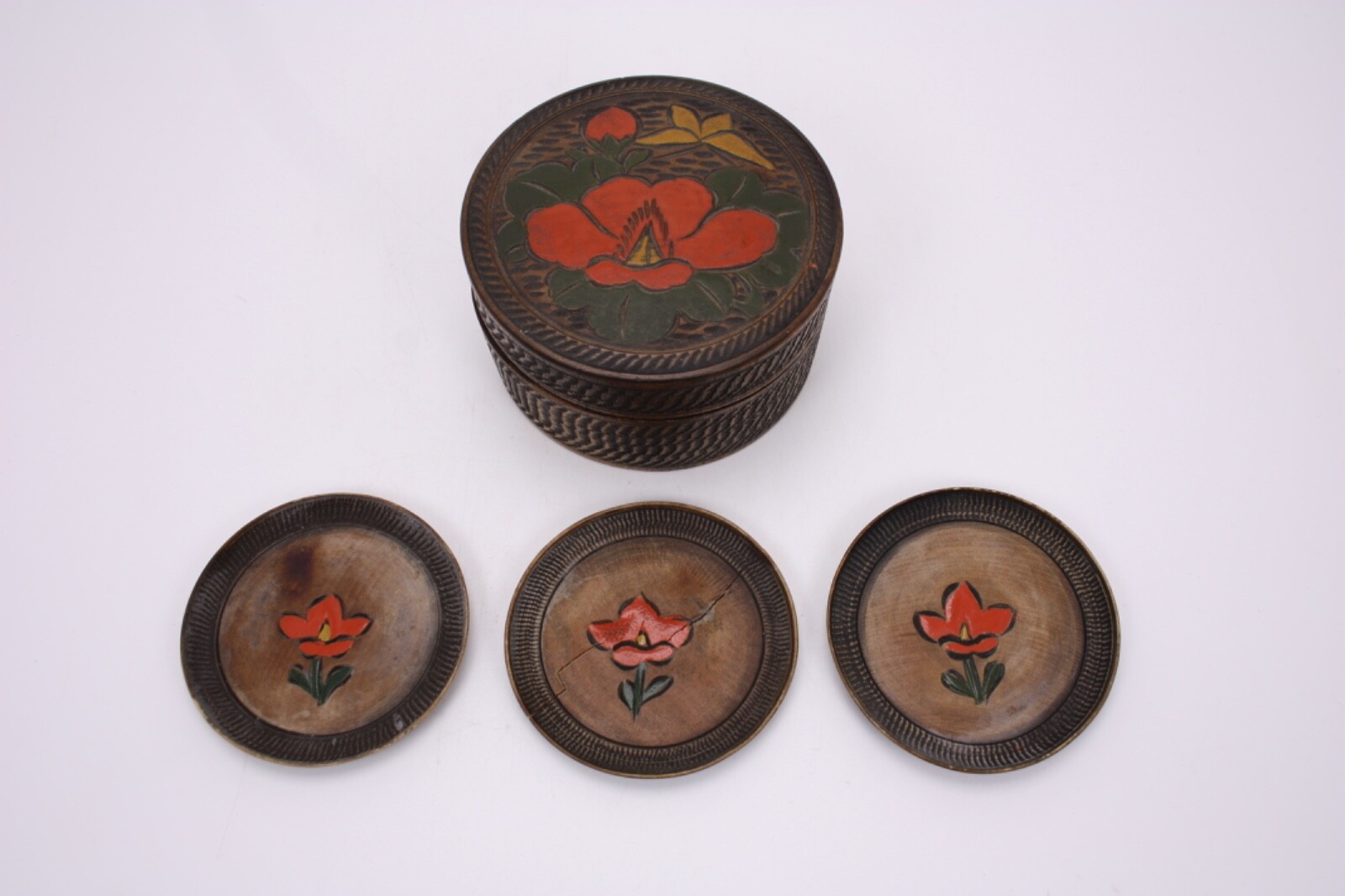 Antique Vtg Painted Floral Wooden Coaster Case and Coasters | eBay