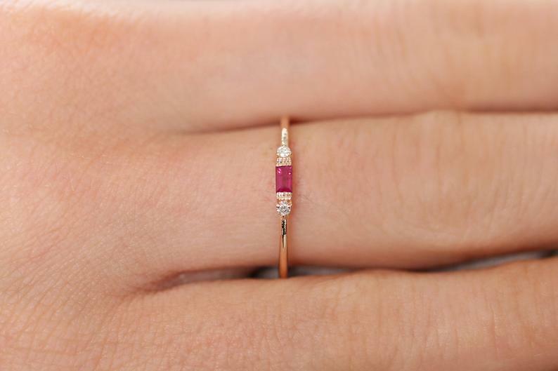 0.3ct Lab-Created Baguette Pink Ruby Trilogy Minimalist Ring Rose Gold ...