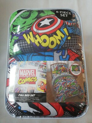 8 Piece Marvel Comics Full Bed Set Comforter, Shams, Decorative Pillow ...