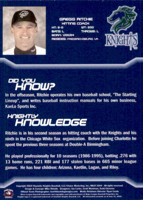 2004 Charlotte Knights Choice #28 Gregg Ritchie Fredericksburg Virginia ...