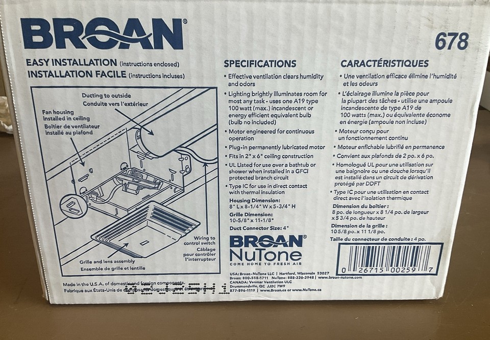 NOB Broan 678 Bathroom/Ceiling Ventilation Fan/Light Combo 50CFM Never ...