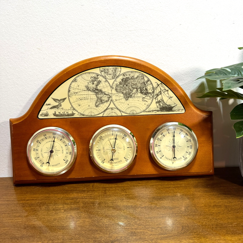 Vintage Weather Station Old World Map Nautical Springfield 3 Gage Maple ...
