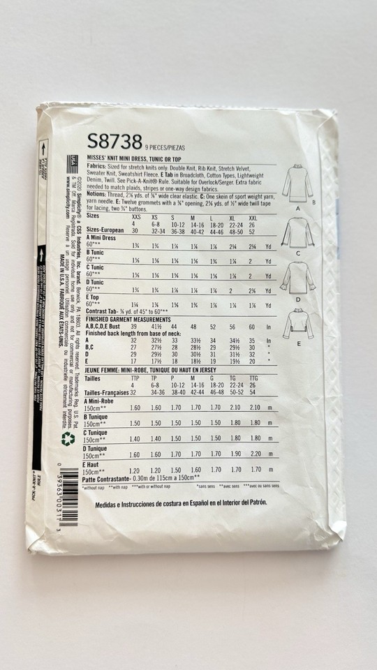 Simplicity 8738 Misses Knit Mini-Dress, Tunic, Top size XXS -XXL | eBay