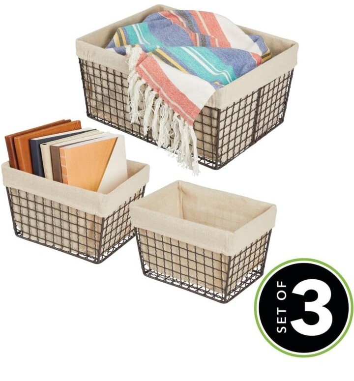 mDesign set of 3 Storage Baskets Wire Storage Basket with Fabric Liner ...