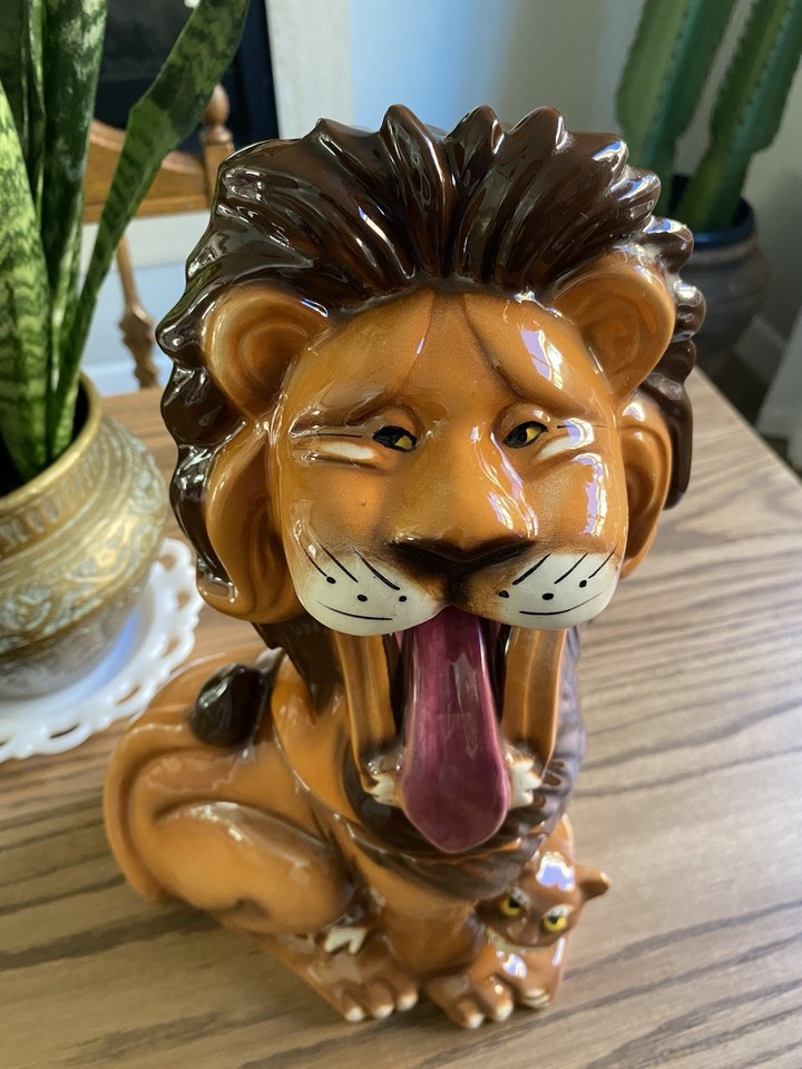 Rare Vintage Hand Painted Ceramic Lion Cookie Jar Lion And Cub Lidded ...