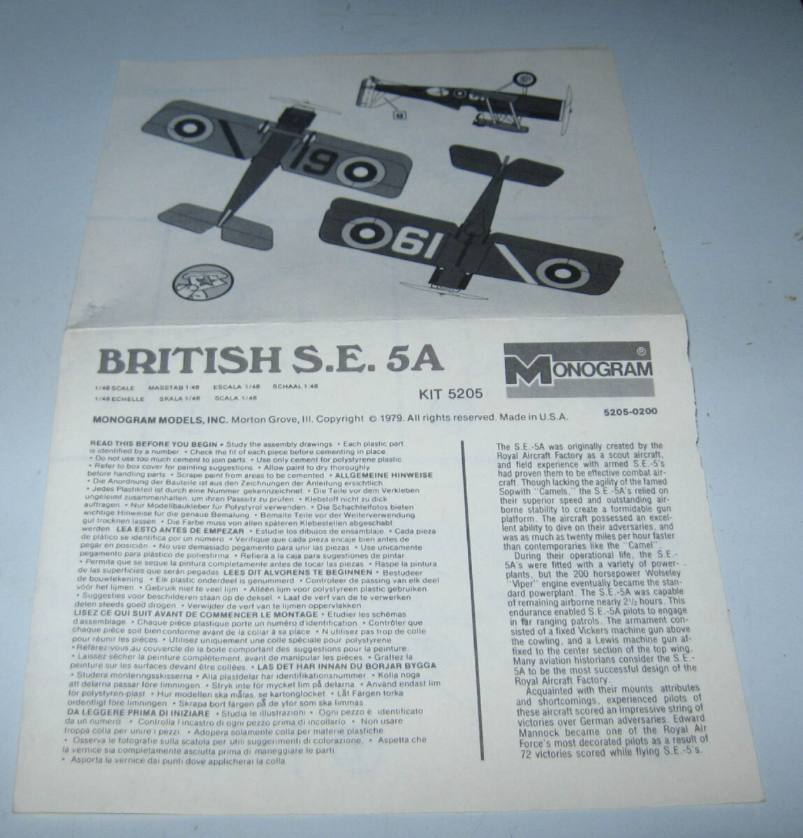 1979 Monogram British S.E. 5A 1:48 Model Kit# 5205 Complete New in ...
