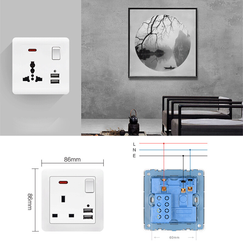 Single Wall Plug Socket 1 Gang 13A with 2 USB Charger Port Electrical ...