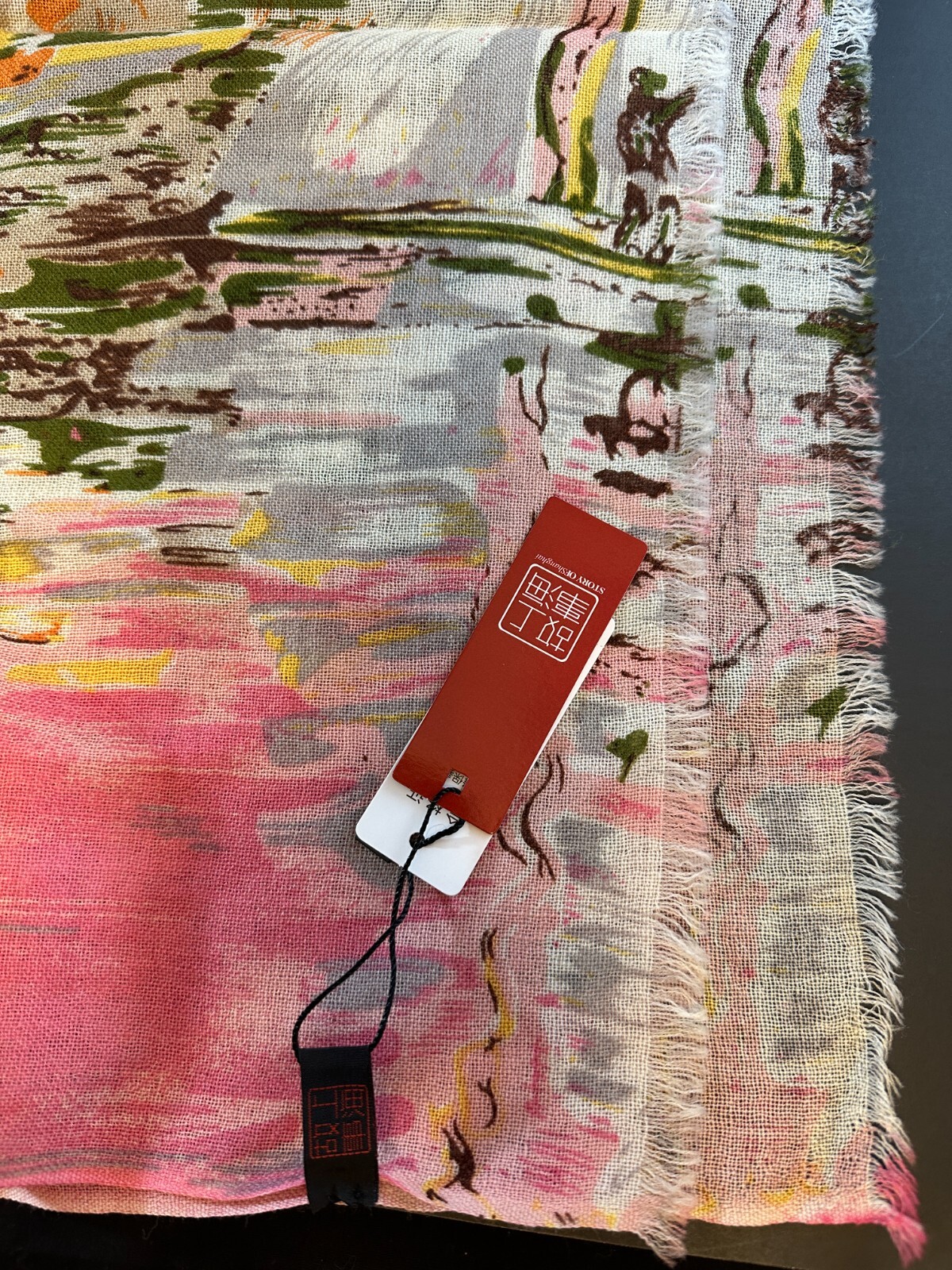 Story of Shanghai Scarf Shawl NWT 100% Wool Watercolor Scene Pink Green ...