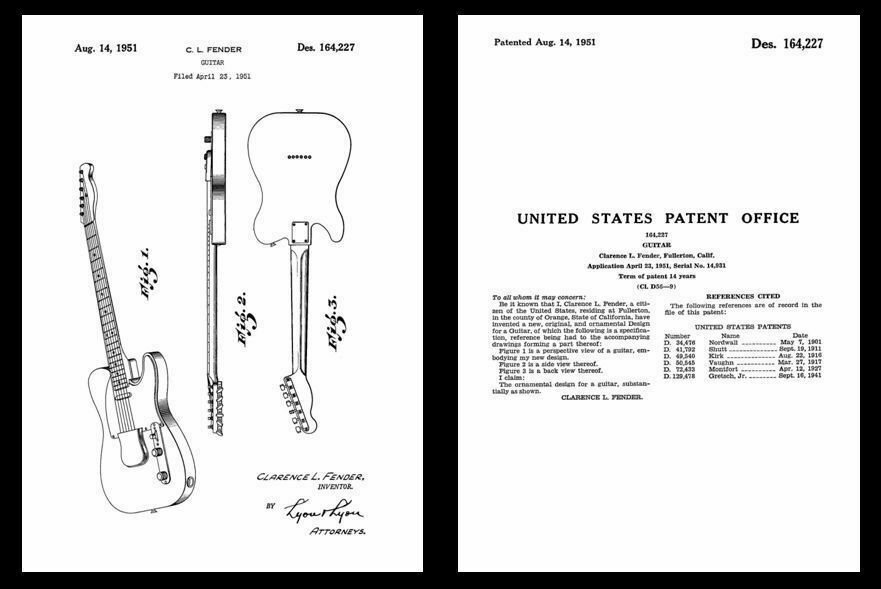 1951 Fender Telecaster Guitar PATENT Drawing + Design Documents ...