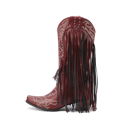 Womens Fringe Studs Block Heel Pull On Mid Calf Cowboy Tassel Western ...