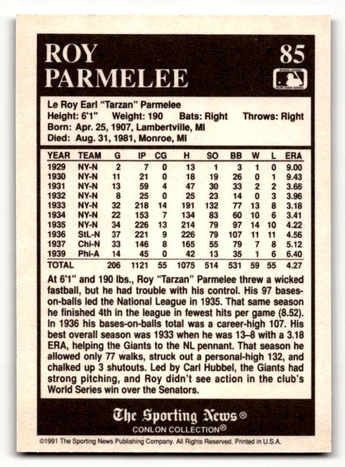 1991 Conlon Collection TSN #85 Roy Parmelee St. Louis Cardinals Base ID ...