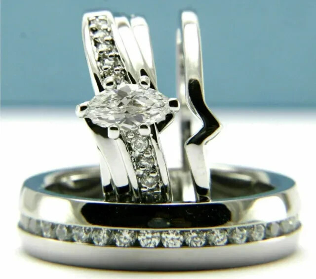 14k White Gold Plated 2Ct Round Cut Lab-Created Diamond Trio Ring Set ...