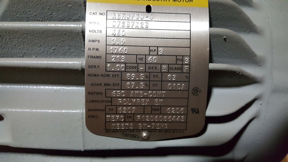 BALDOR INDUSTRY AEM3783-4 MOTOR 3HP 1760 RPM 213C FRAME 1D N.O.S. | eBay