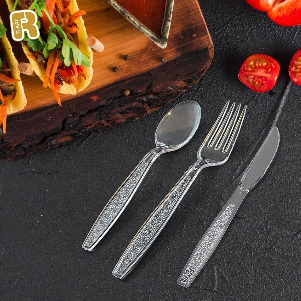 R-kay 400 Pcs Plastic Silverware Heavy Duty - Clear Forks Spoons And ...