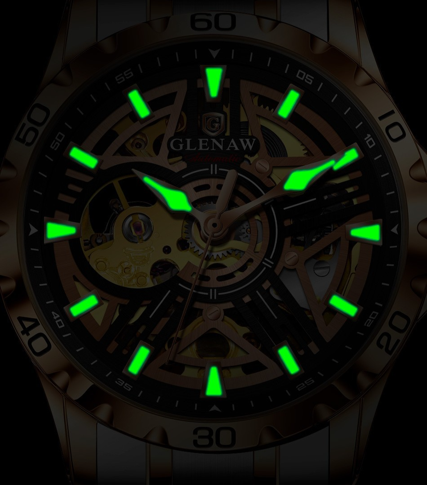 GLENAW Men's automatic mechanical watch skeleton tourbillon luxury ...