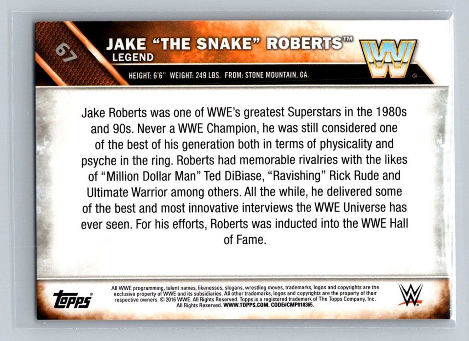 Jake "The Snake" Roberts #67 2016 Topps WWE | eBay