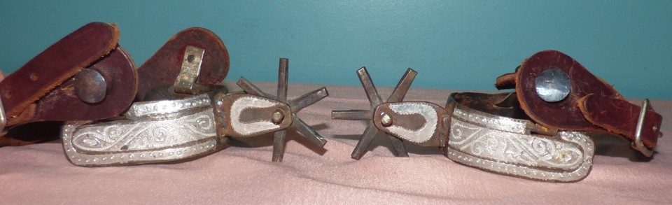 Antique Mexican Short Shank Iron Spurs w Silver Inlay, Cowboy Spur 2 1/ ...